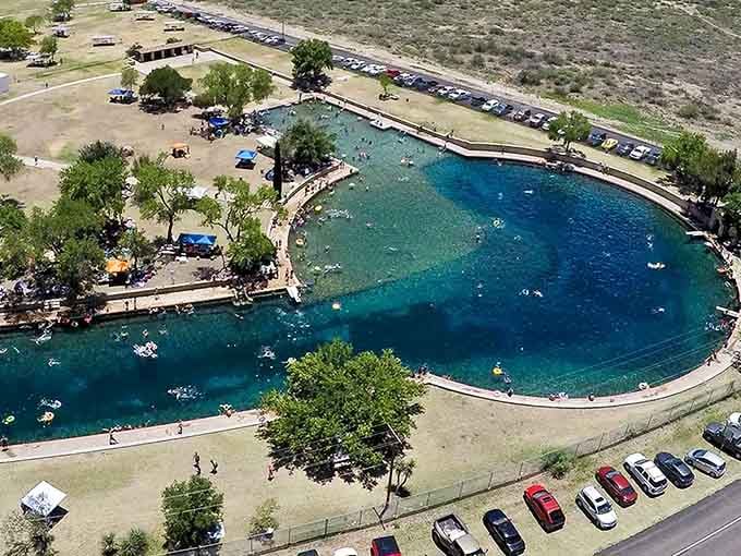 From above, this desert oasis looks like someone Photoshopped the Caribbean into West Texas and forgot to hit undo.