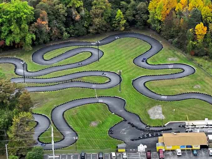From above, this sprawling outdoor track looks like a racing ribbon gift-wrapped in autumn foliage and pure adrenaline.