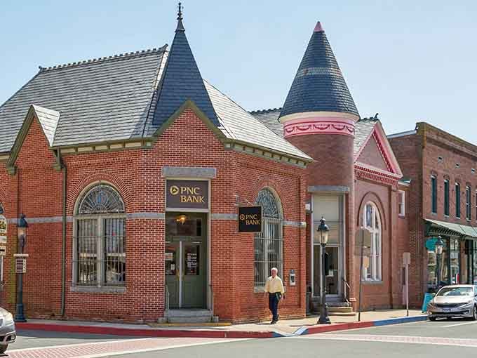 Even the bank building here has turrets and charm, making your usual ATM visit feel downright medieval in comparison.