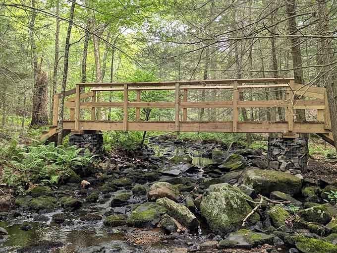 Your gateway to Connecticut's hidden waterfall wonderland starts with this charming wooden bridge crossing the babbling stream below.