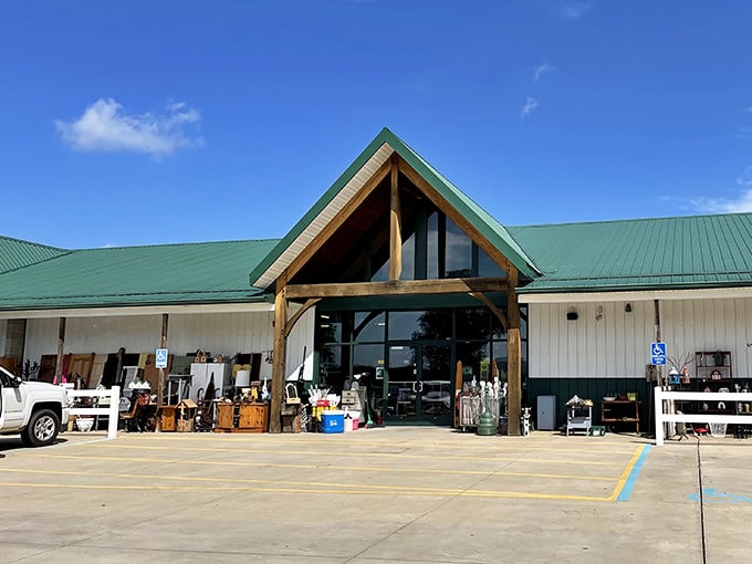 That timber-frame entrance promises exactly what's inside: authentic treasures sprawling under one welcoming roof in rural Michigan.