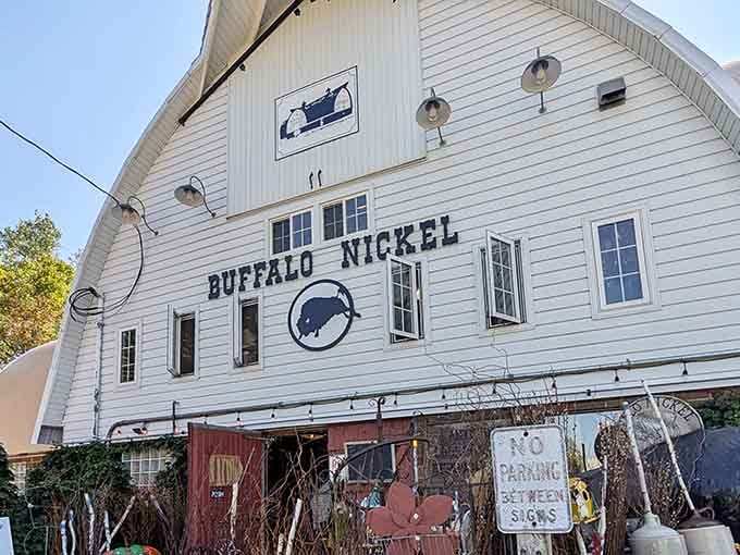 The iconic Buffalo Nickel barn stands ready to welcome vintage enthusiasts and curious browsers alike.