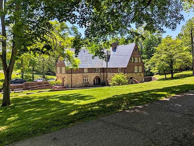 Stone walls and manicured lawns create an unexpected oasis where nature meets architecture in perfect harmony.