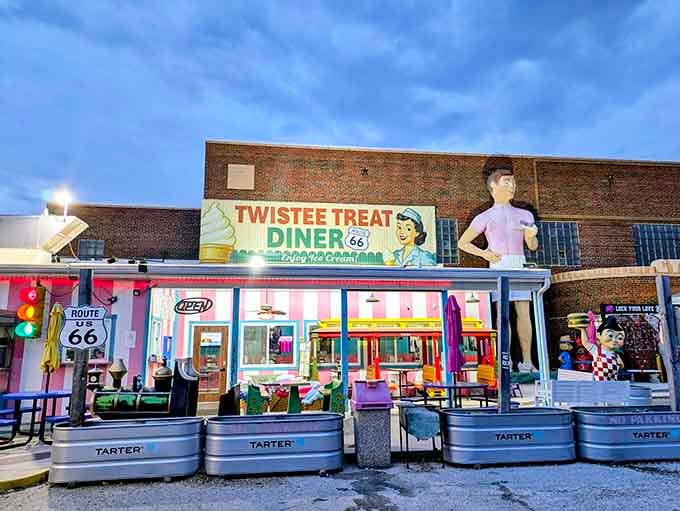 Evening lights illuminate the retro charm of Twistee Treat Diner, where vintage vibes and delicious ice cream create pure nostalgic magic.