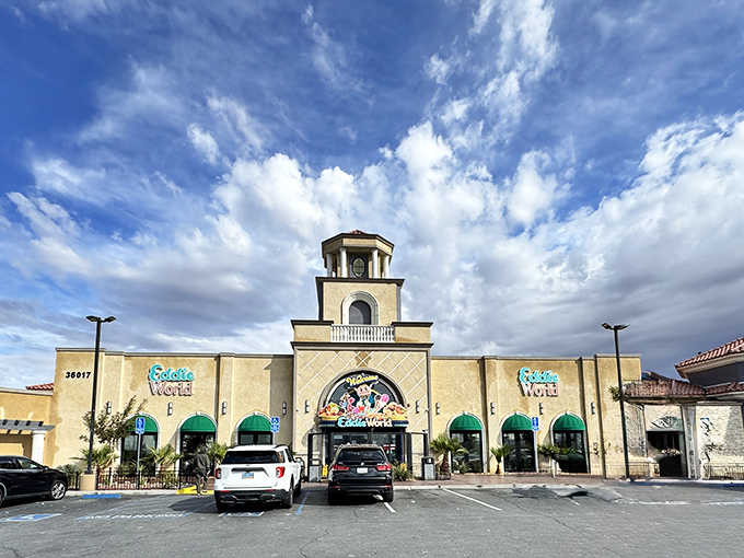 Pull up to this stucco palace and suddenly your road trip just got a whole lot more interesting than expected.