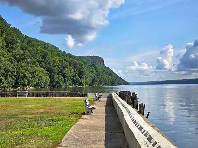 Down at water level, the Palisades cliffs tower above like nature's own skyscraper, putting Manhattan's buildings to shame.