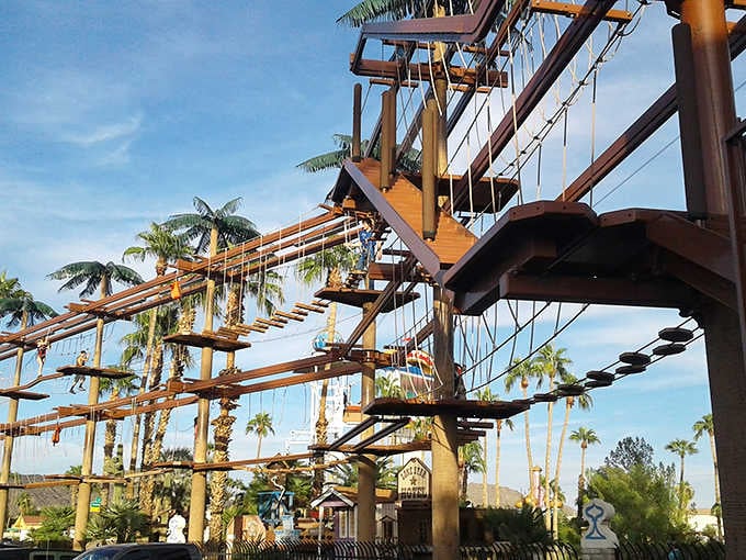 That's the high-ropes course towering above the palm trees, because apparently roller coasters weren't adventurous enough for some people.