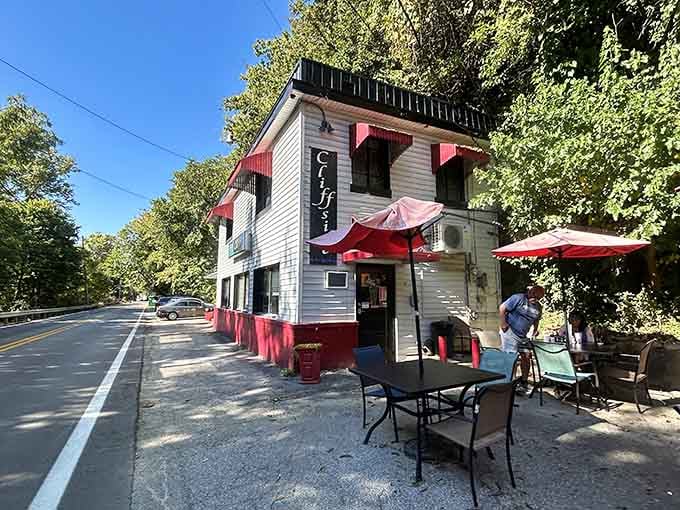 That red-trimmed exterior isn't trying to win design awards, and that's exactly why it's perfect for breakfast.