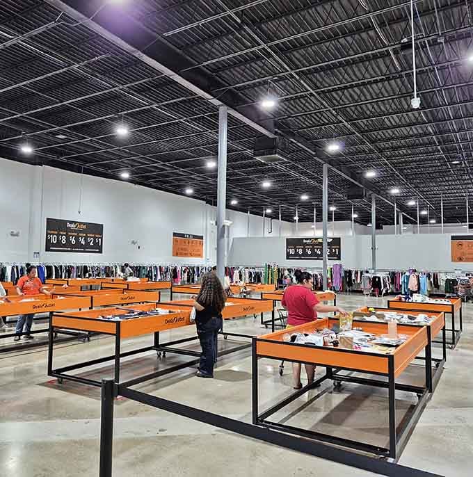 Those orange-topped tables stretch into the distance like a bargain hunter's yellow brick road to savings paradise.