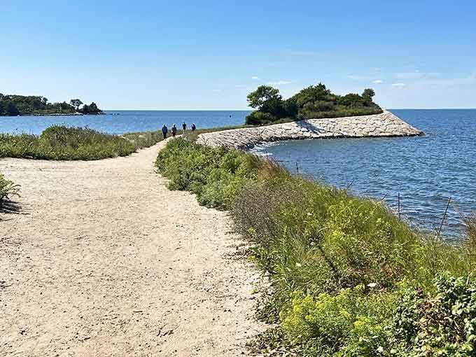 Enjoy a peaceful stroll along The Knob trail in Massachusetts, where the sandy path meets the sparkling blue ocean waters.