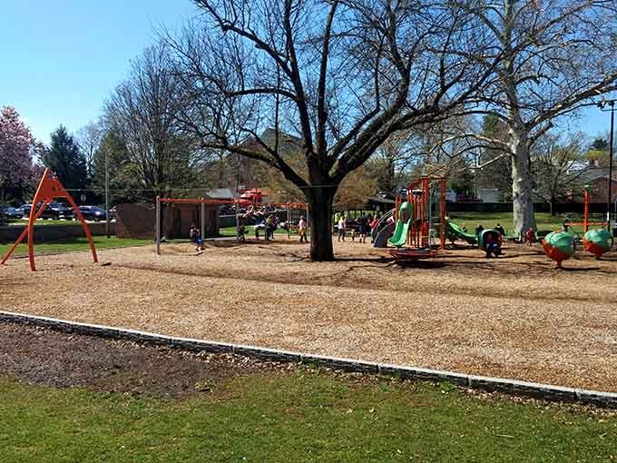 The vibrant playground sprawls beneath mature trees, creating that perfect blend of adventure and natural shade every parent dreams about.