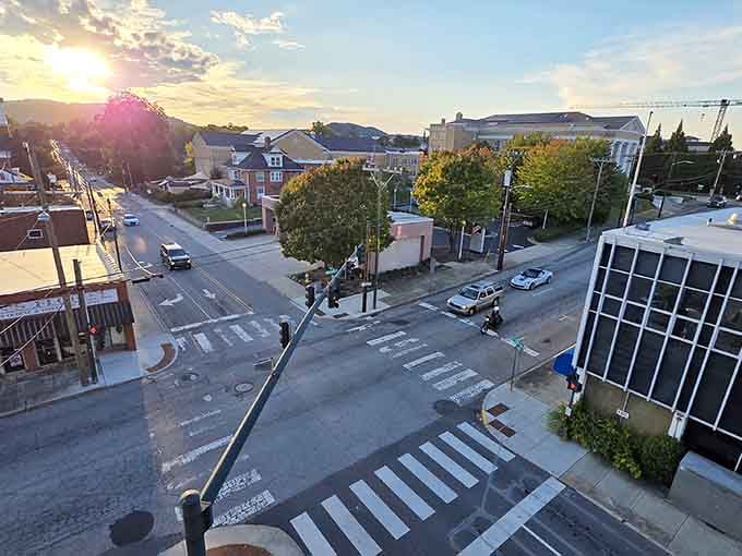 Sunrise catches downtown at its best angle, when the streets are quiet and the day's possibilities stretch out invitingly.