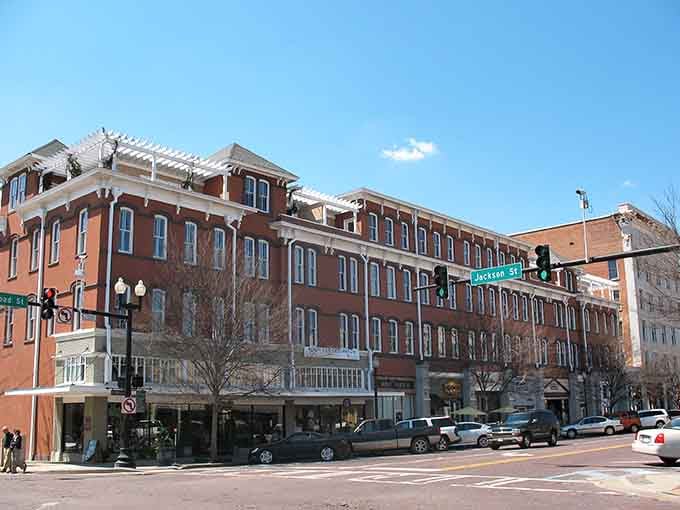 Victorian storefronts line brick streets where parking is actually possible, a miracle in modern America.