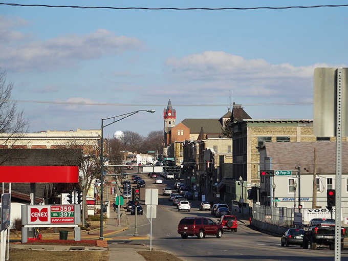 Classic small-town Wisconsin architecture meets Norwegian charm in this perfectly preserved Main Street scene.