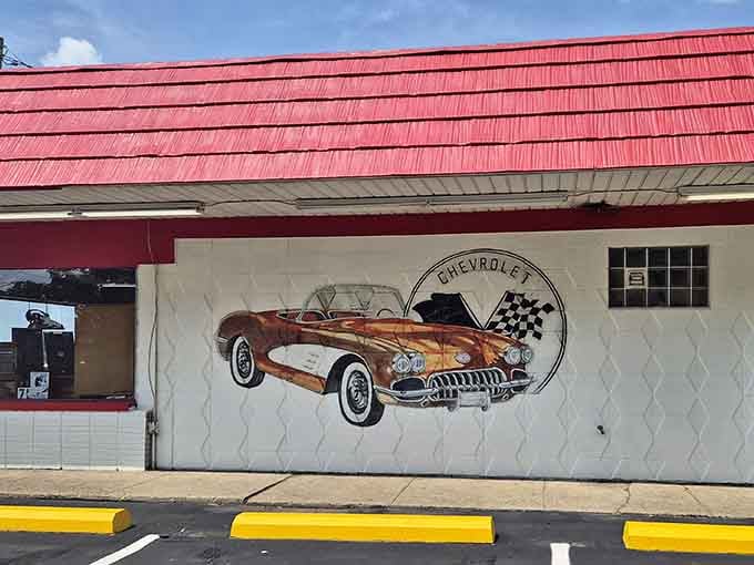 That classic Corvette mural and vintage red roof announce you've arrived somewhere special before you even park.