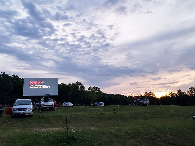 Nothing says classic Americana quite like a massive movie screen rising from Missouri grassland at golden hour.