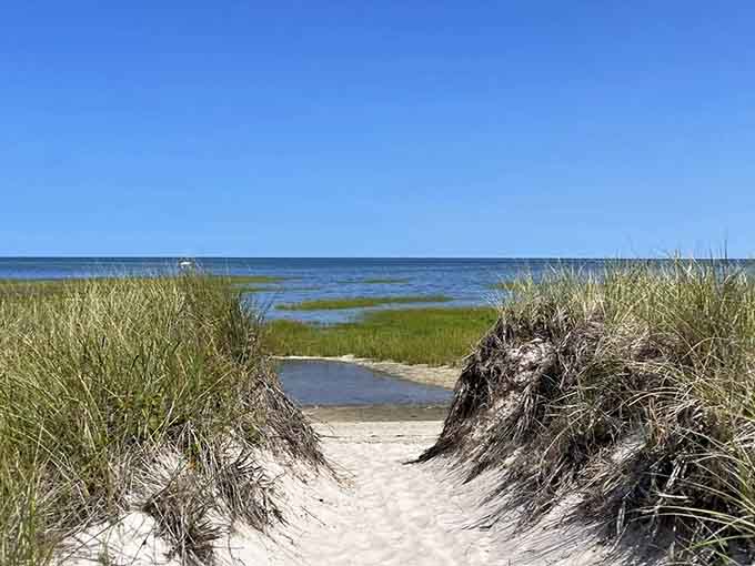 Sand dunes framing the beach entrance like nature's own gateway to a private coastal retreat.