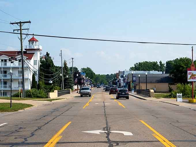 Main Street Caseville stretches out like a postcard from a simpler time, complete with that iconic lighthouse beckoning.