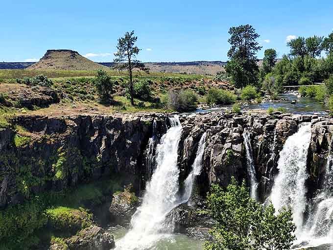 Two tiers of pure Oregon magic tumbling over ancient basalt like nature's own grand staircase.