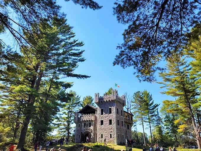 Framed by towering pines under blue skies, this Northwoods fortress looks like Camelot decided to vacation in Wisconsin permanently.