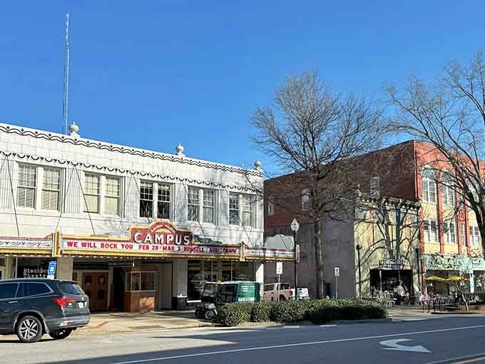 The Campus Theatre's marquee still lights up downtown, because some towns remember that charm beats chains every single time.