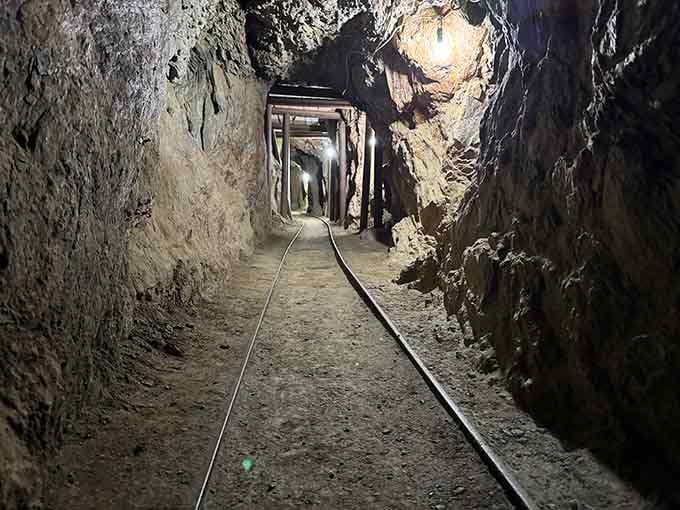 Railroad tracks disappear into darkness, inviting you to follow where fortune-seekers once toiled with pickaxes and hope.