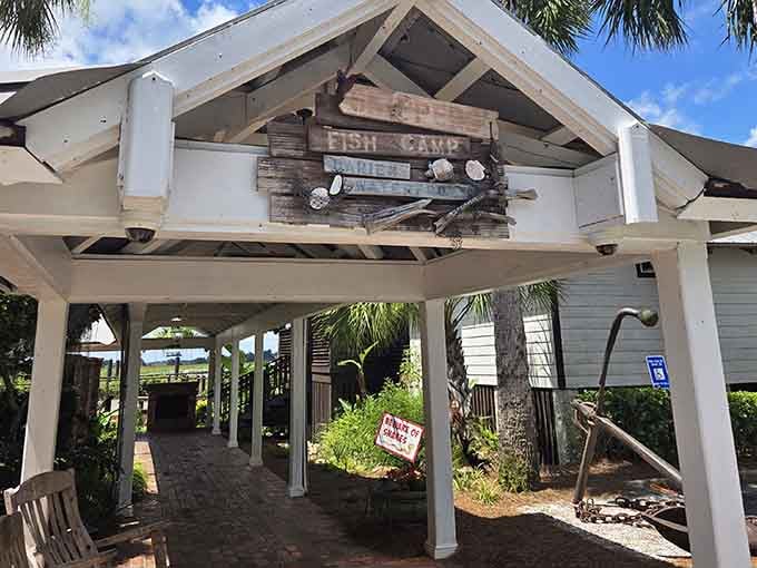The entrance sets the tone perfectly: rustic charm meets coastal authenticity, complete with weathered wood and nautical touches that money can't fake.