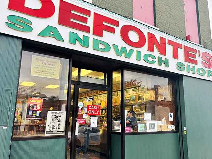 That bold red and green sign on Columbia Street isn't subtle, and neither are the sandwiches waiting inside.