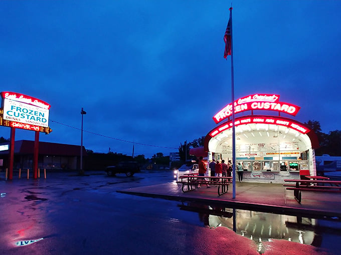 That iconic arched facade isn't just architecture, it's a beacon of hope for anyone craving serious frozen custard.
