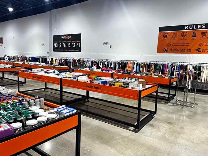 Those orange-topped tables stretch into the distance like a bargain hunter's yellow brick road to savings paradise.