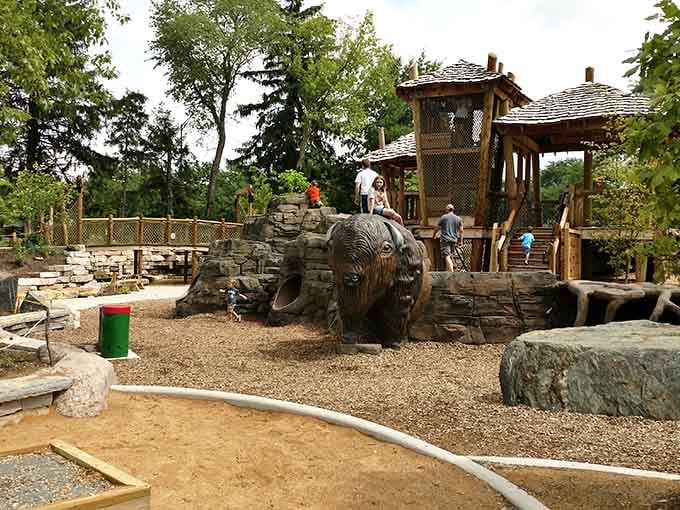 That giant bison sculpture isn't just for show - it's a climbable centerpiece that makes kids feel like true prairie explorers.
