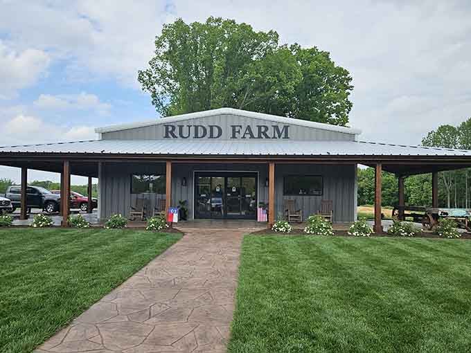 That welcoming building with rocking chairs says "sit a spell" after you've earned your harvest the old-fashioned way.
