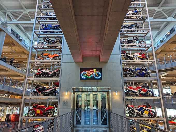 This gleaming temple of two-wheeled history looks more like a spaceship than a museum in Leeds, Alabama.