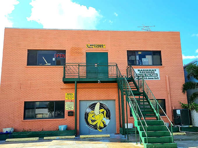 The green stairway to vinyl heaven awaits, promising millions of records just beyond that cheerful banana logo.