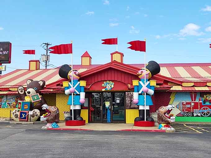 Giant toy soldiers flanking the entrance like this place needs protection from people who think toys aren't serious business.