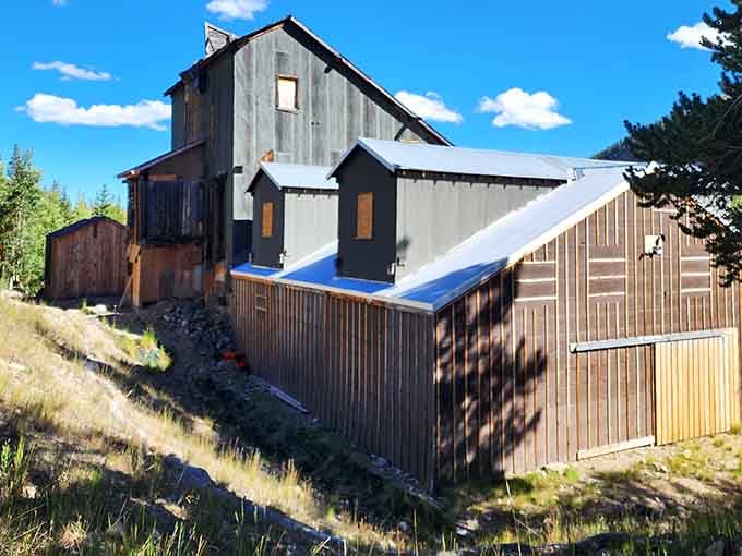 The Paris Mill complex showcases multiple weathered structures that have withstood over a century of harsh Colorado mountain weather beautifully.