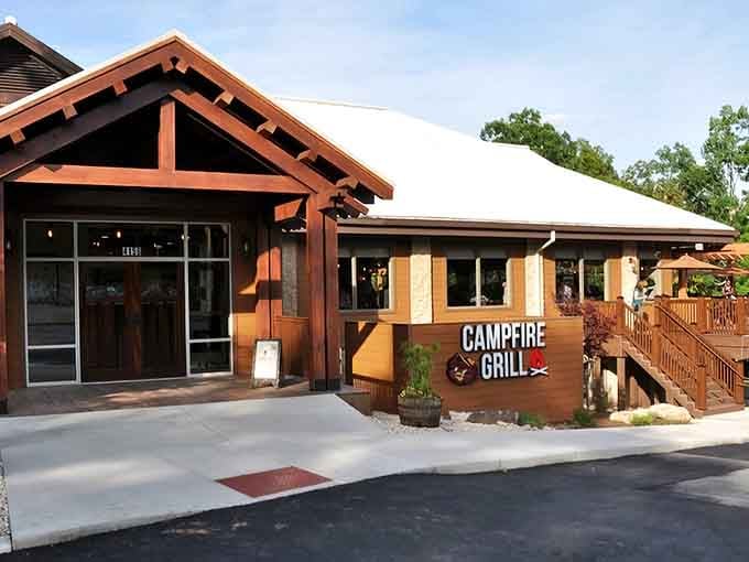 The lodge-style exterior promises adventure inside, but with better food and actual bathrooms. Already an improvement over real camping.