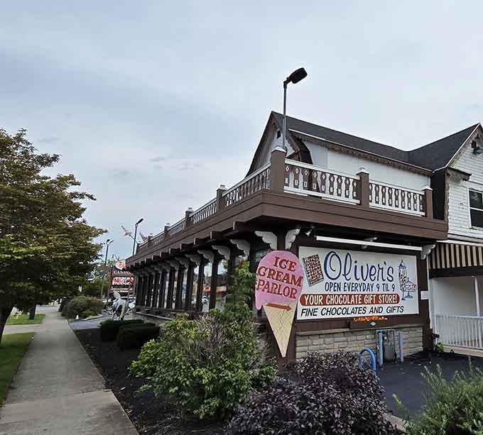 That charming storefront with the ice cream cone sign isn't just inviting, it's practically giving you a hug from across the street.