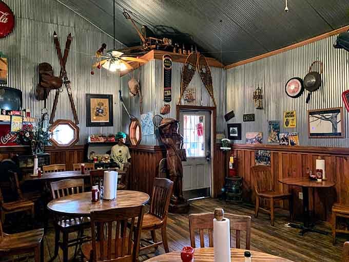 That corrugated metal and wood paneling combo creates an atmosphere that's part antique shop, part time machine to simpler days.