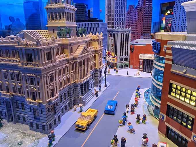 Detroit's skyline reimagined in millions of tiny bricks, where Renaissance Center stands proud in plastic perfection.
