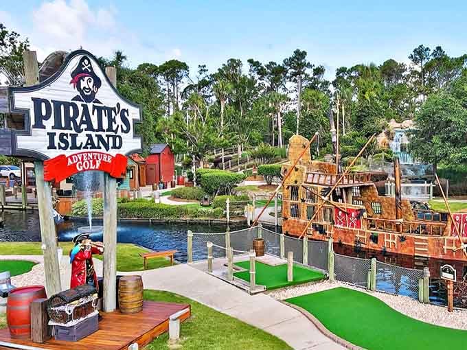 That pirate ship isn't just for show, it's your first clue this isn't your average mini golf experience.
