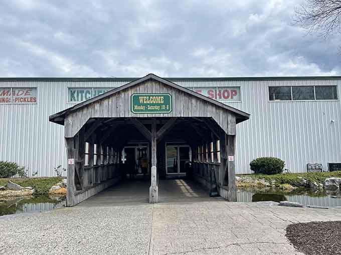 That covered bridge entrance isn't just for show, it's your portal to a shopping experience that actually feels special.