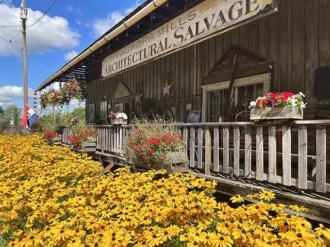 The weathered exterior of Aurora Mills promises adventure, with its patchwork of corrugated metal telling decades of Oregon stories.
