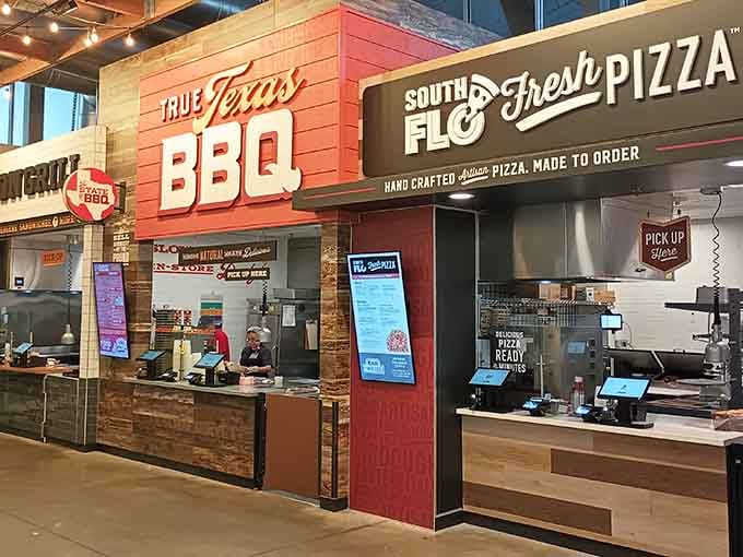 True Texas BBQ and South Flo Fresh Pizza stand side by side, proving this isn't your average grocery store experience.