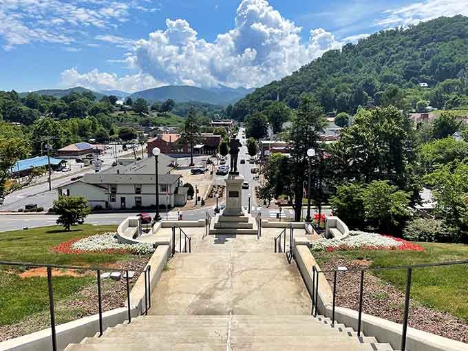 Looking down from the courthouse steps at a view that makes climbing all those stairs totally worth it.