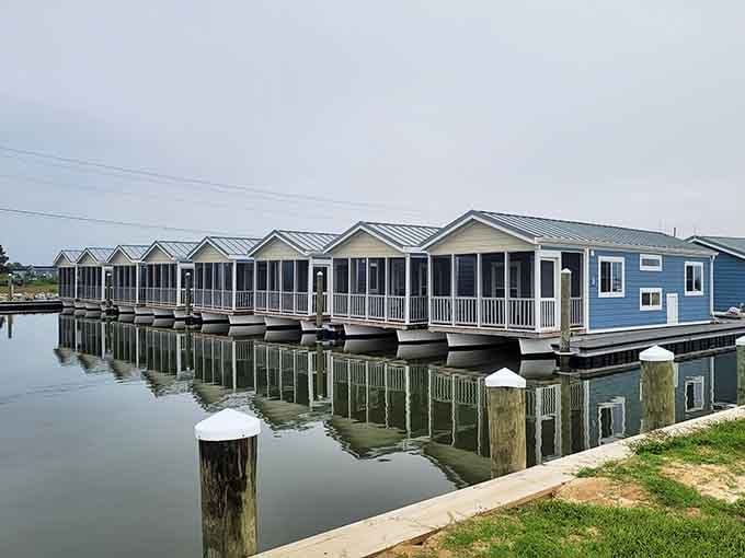 The row of bungalows creates its own little floating community where your commute is just a dock walk.