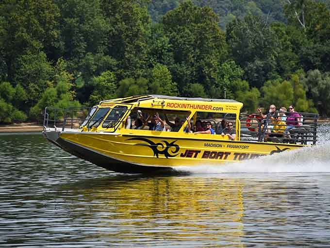 That bright yellow jet boat slicing through the Ohio River moves faster than gossip at a church potluck.