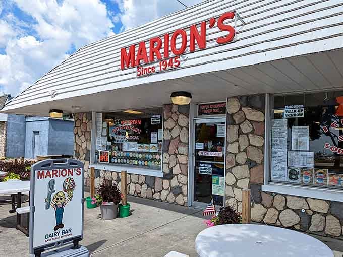 The stone facade and vintage signage prove that some things get better with age, like fine wine.