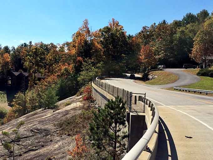 The scenic byway curves through fall colors like a postcard that somehow became three-dimensional and drivable.