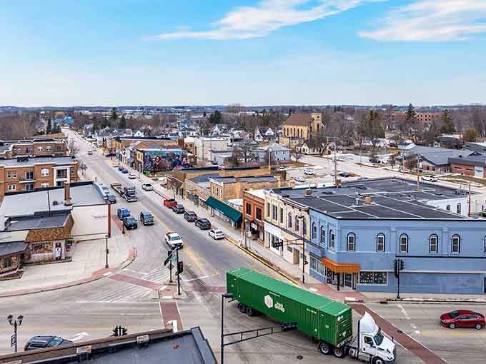 Main Street from above reveals a downtown that's refreshingly real, not a theme park version of small-town America.